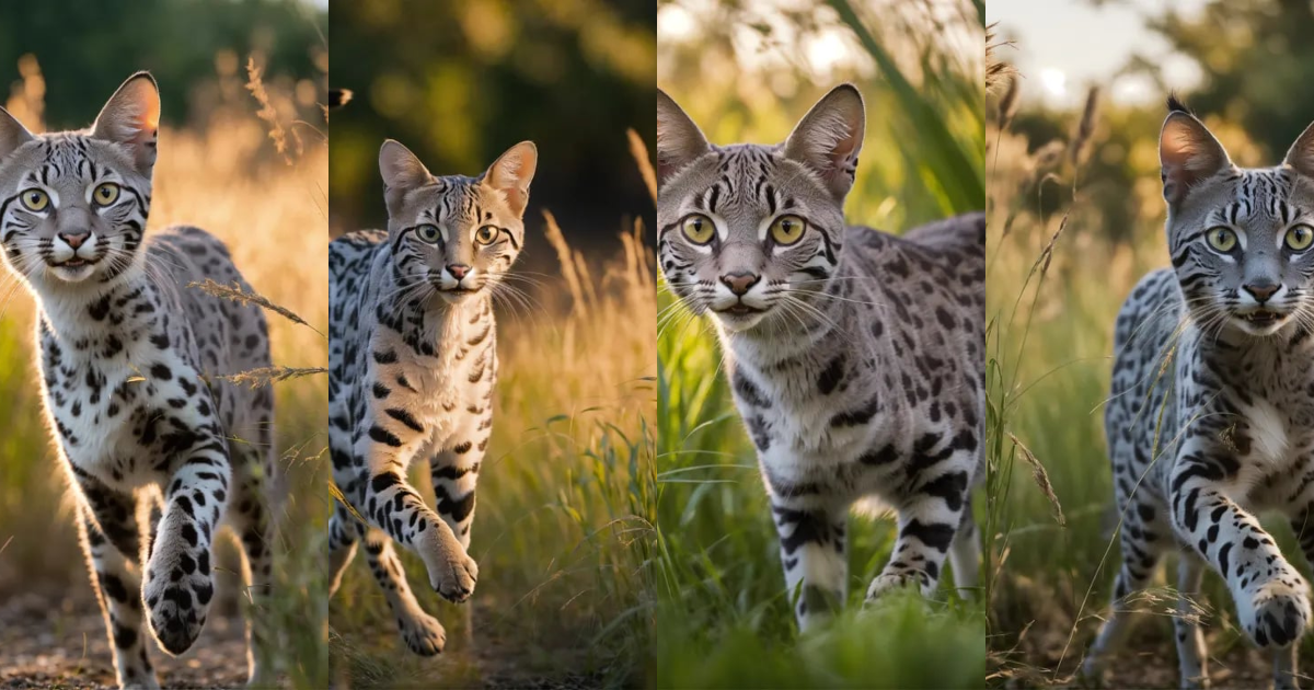Lexica - A grey spotted cat with long sharp canines pouncing out of ...