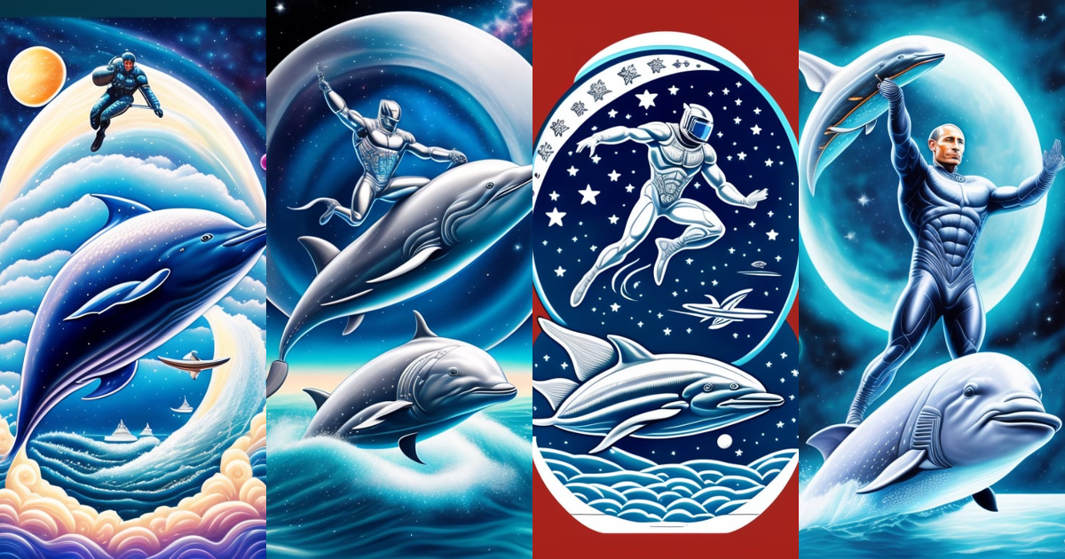 Lexica - Silver surfer flying in space hand drawn standing on a dolphin ...