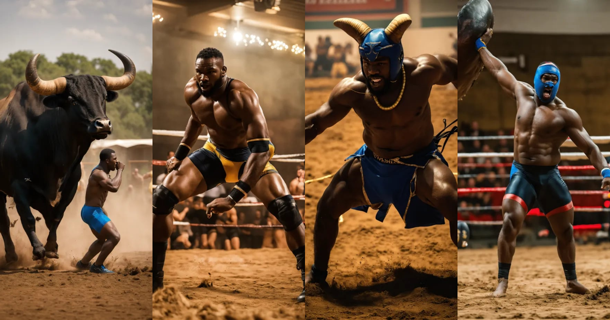 Lexica - A black wrestler throwing a bull by the horns