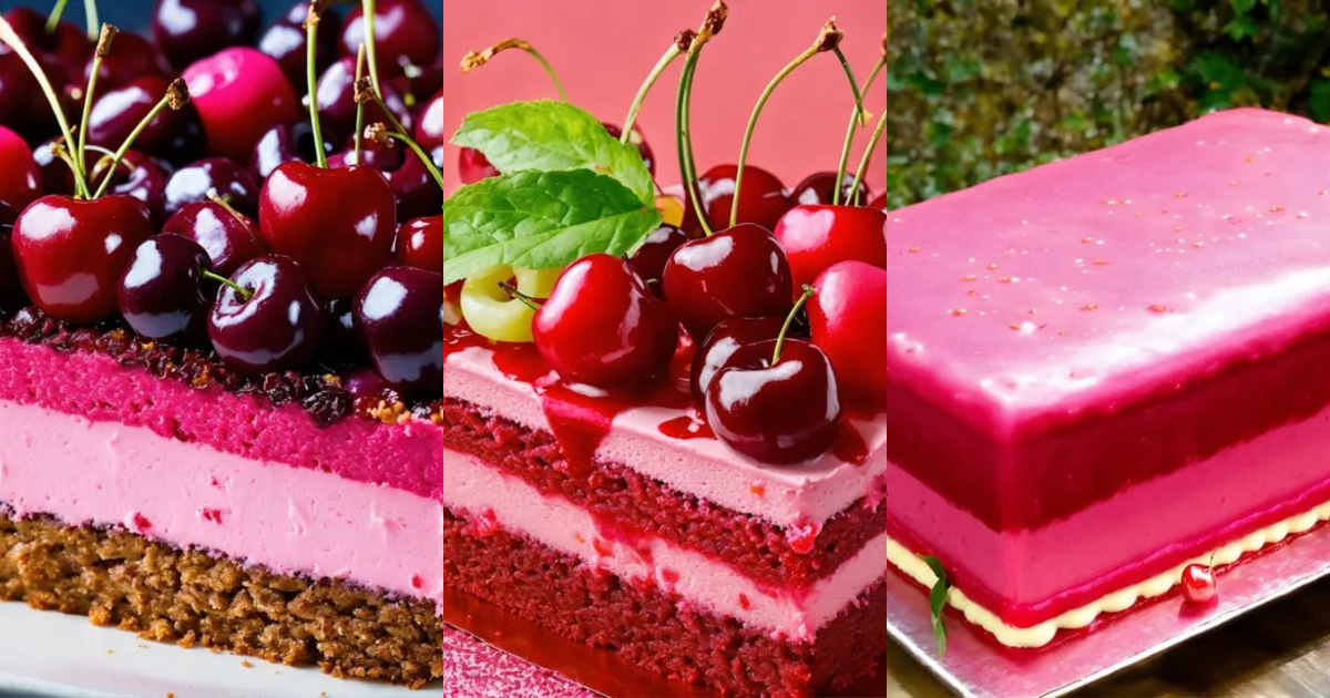 Lexica - A pink rectangle cake with cherries
