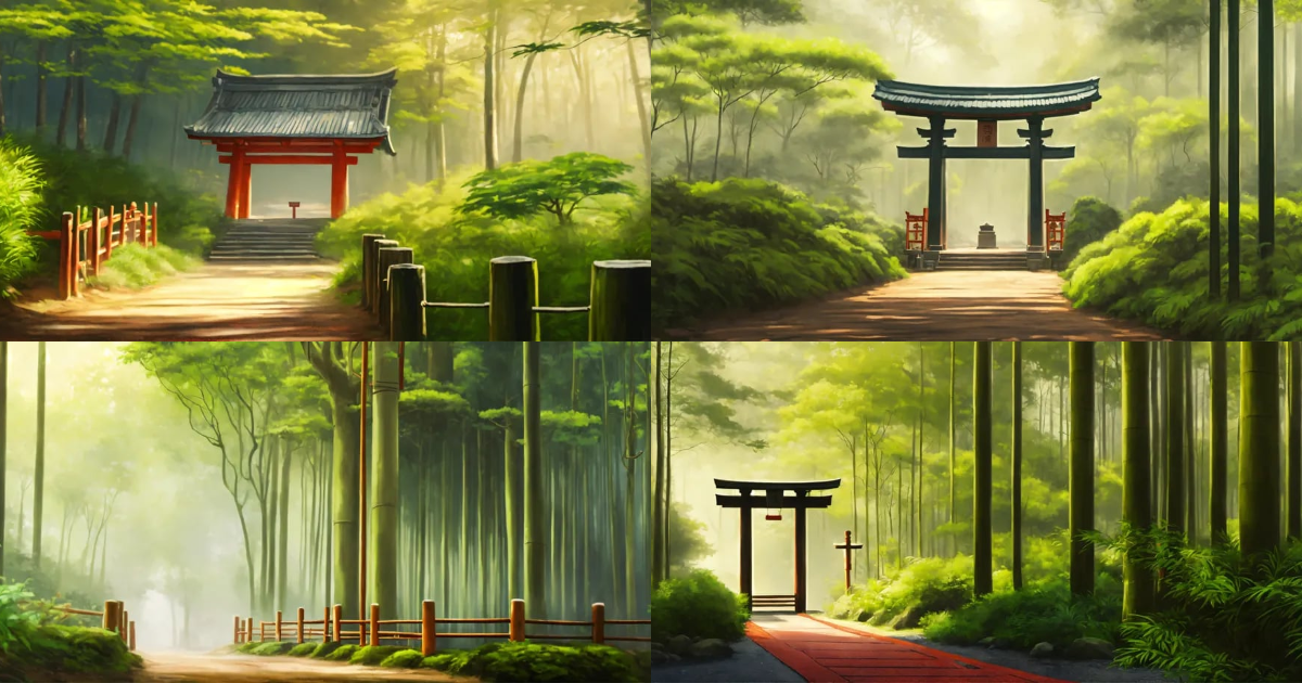 Lexica - Japanese bambo forest with a shrine gate at the end, at ...
