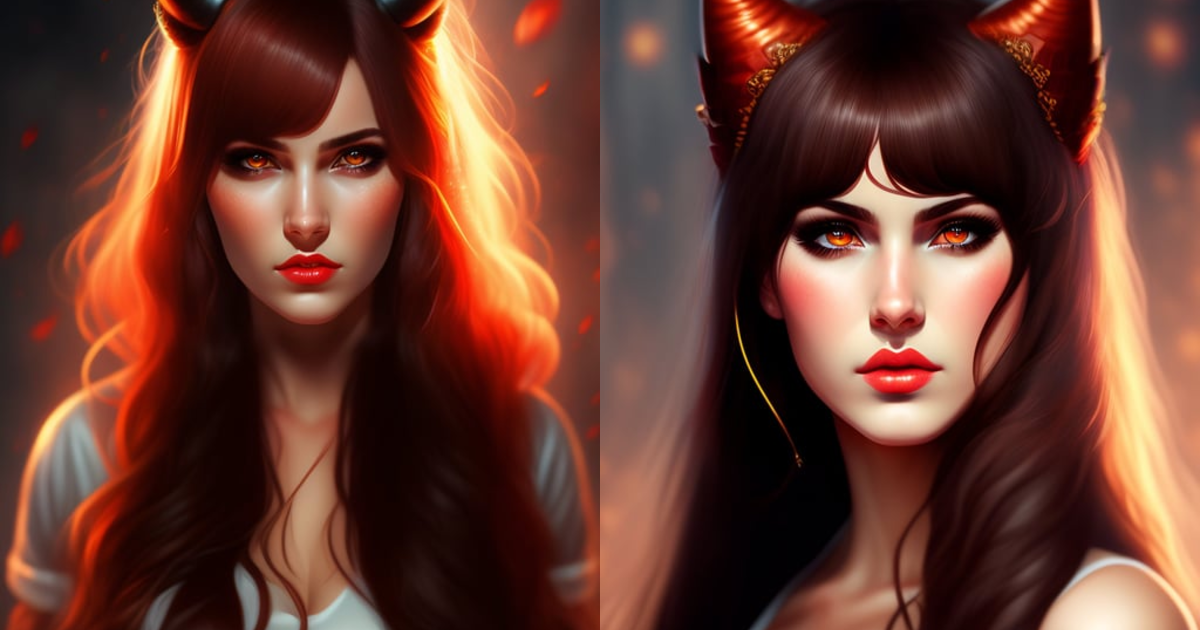 Lexica - Devil girl, devil horns, brown hair, tired face, frowning ...