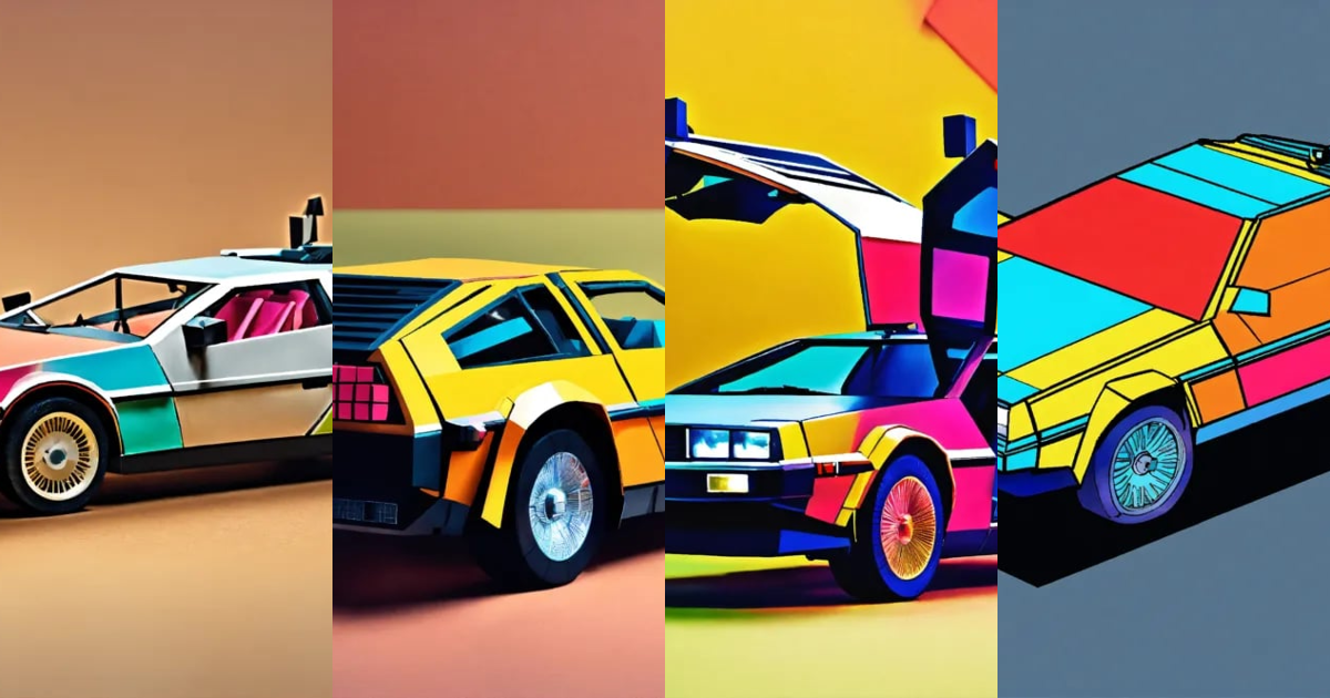 Lexica - Delorean built with colourful origami, minimalistic illustration