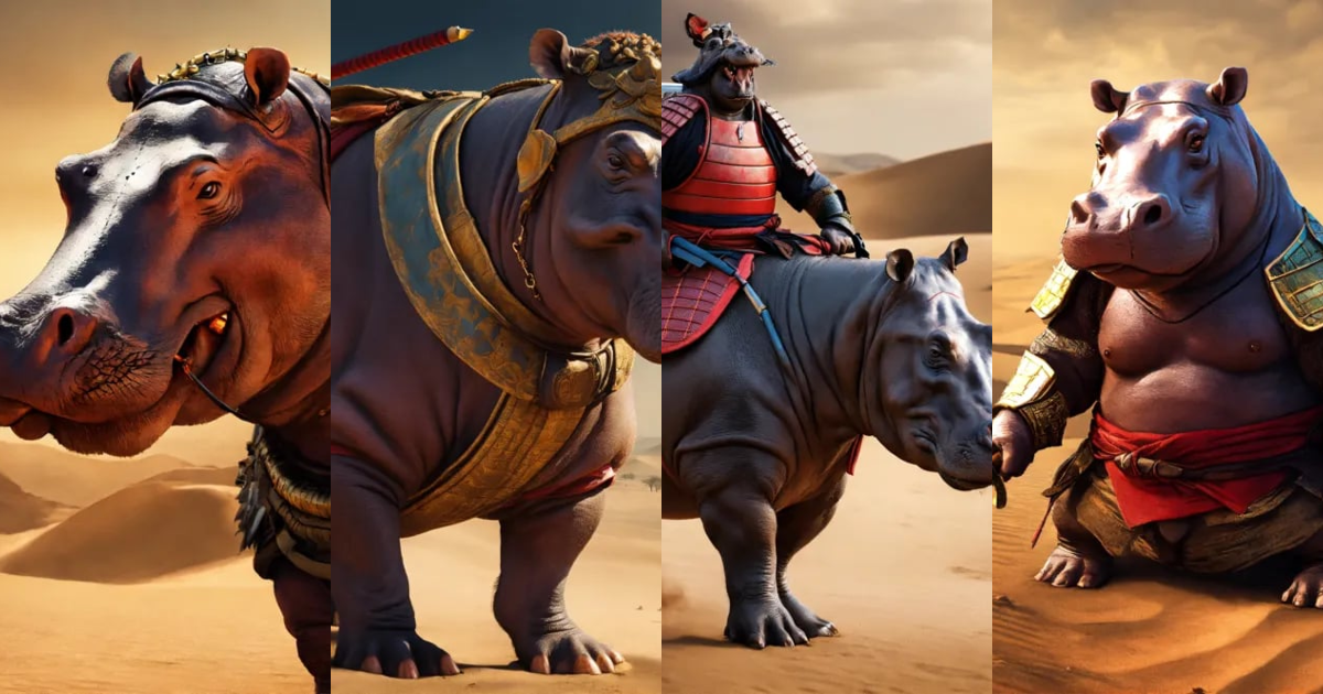 Lexica - Hippo samurai. Desert. Hyper realistic.