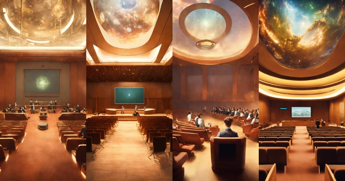 Lexica - Futuristic lecture hall with some young noblemen taking part ...