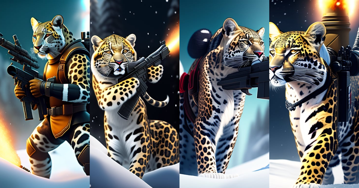 Lexica - A snow-white leopard wielding a rocket-launcher from a video game.