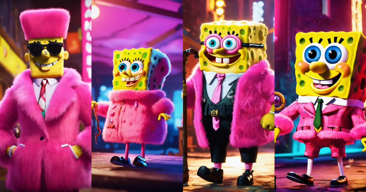 Lexica - Spongebob squarepants wearing a pink fur coat, gangster, pimp cane, unreal engine render