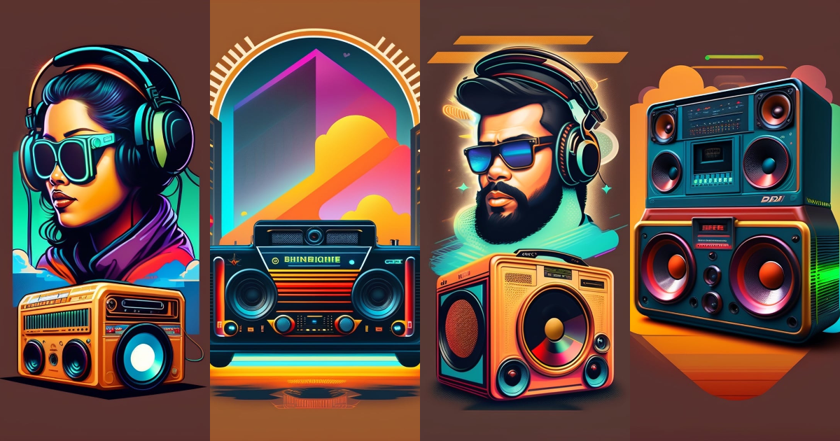 Lexica - Illustrate a DJ-inspired t-shirt with a retro boombox, nodding ...