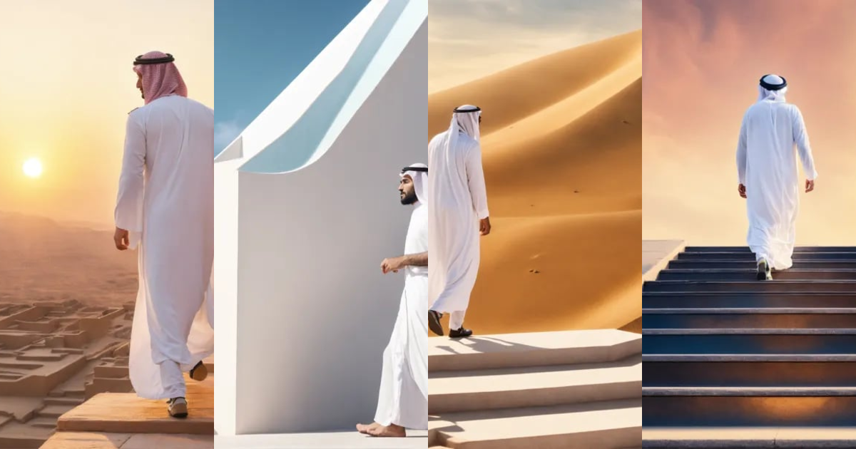 Lexica - Saudi man climbing up six steps only, white costume, Saudi ...