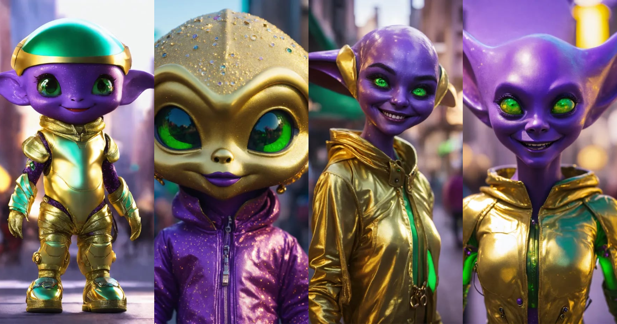 Lexica - Cute humanoid funny alien, smile, purple skin, golden outfit ...