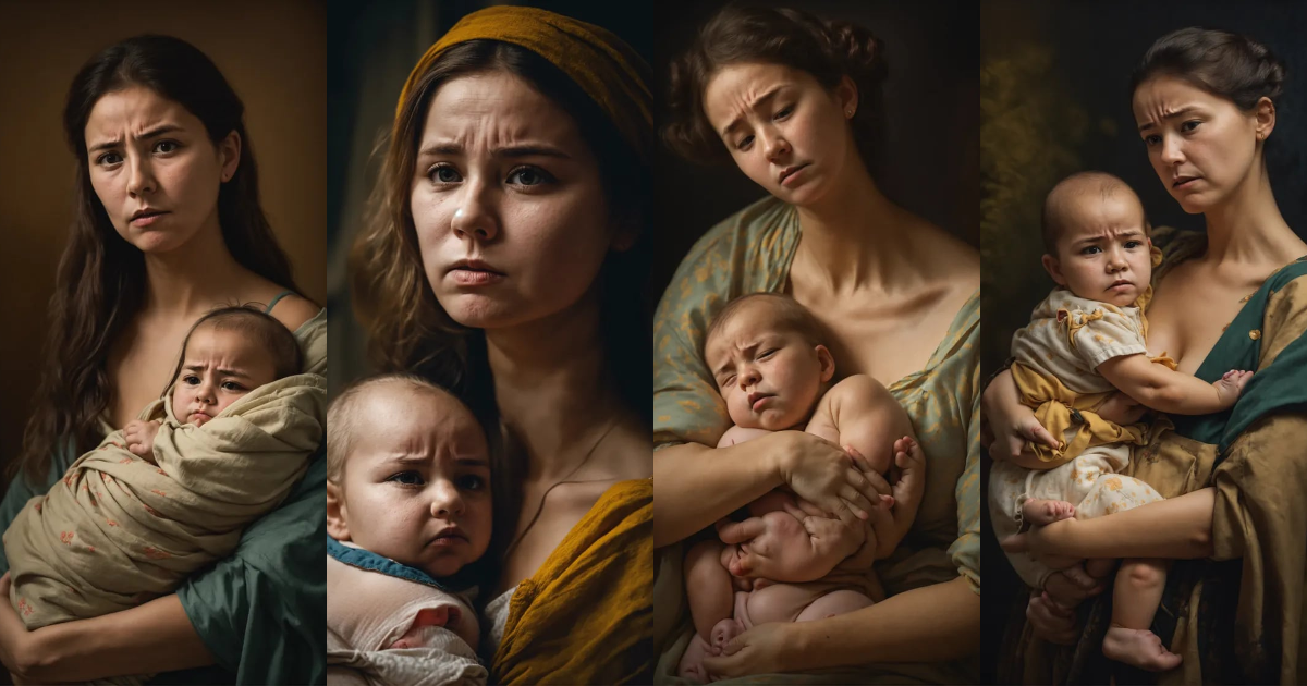 Lexica - A sad woman with a sad and pitiful face holds an infant in her ...