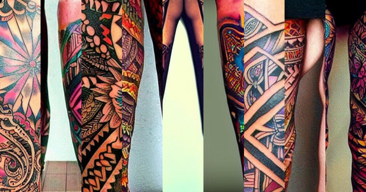 Lexica - Tribal tattoo along female leg, epic, psychedelic colors, beautiful, intricate detail