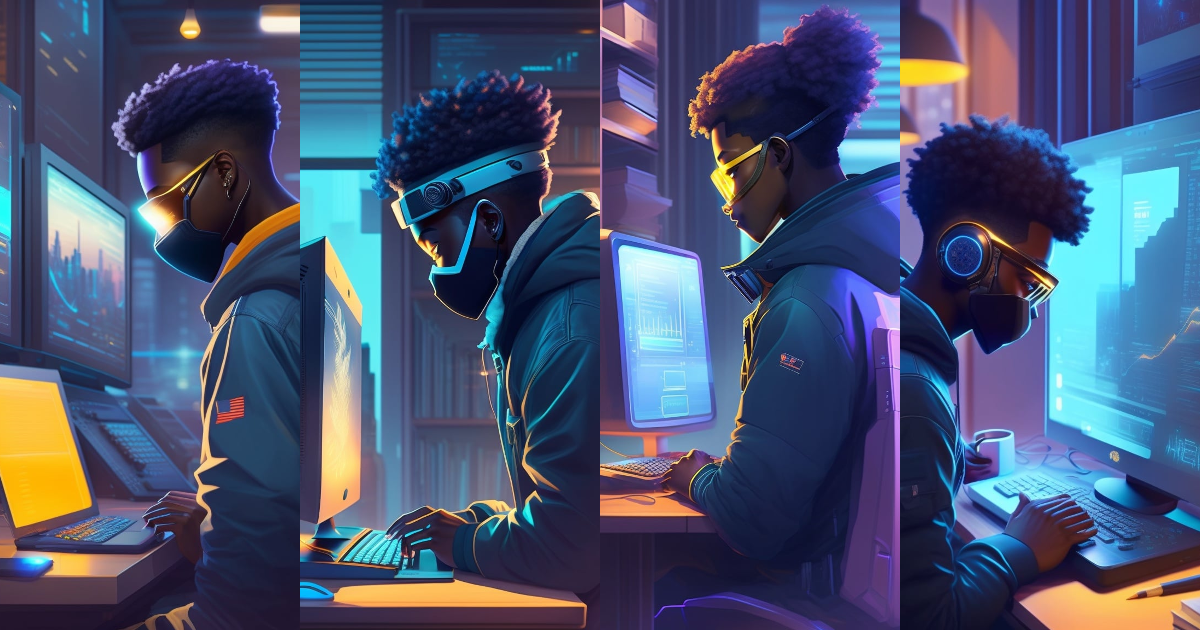 Lexica - A nerdy black boy in a cyberpunk mask is programming on a ...