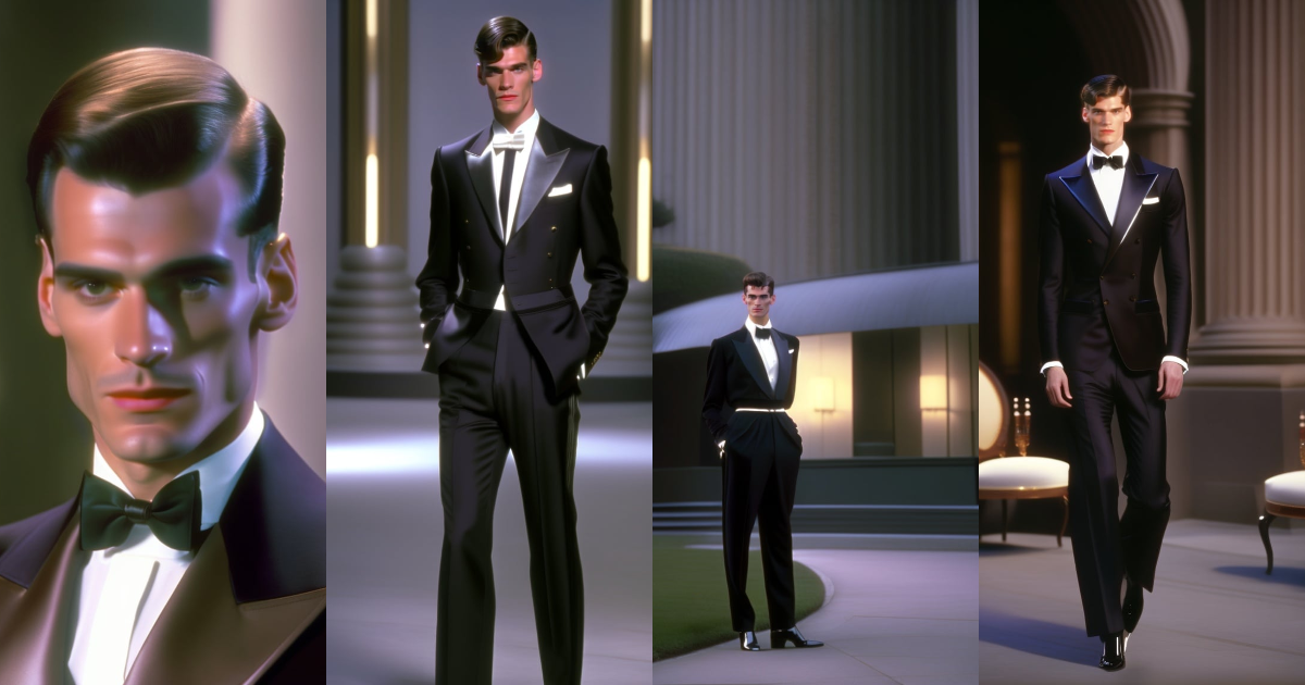 Lexica - 1990 screengrab of male model Lurch wearing a structured black ...