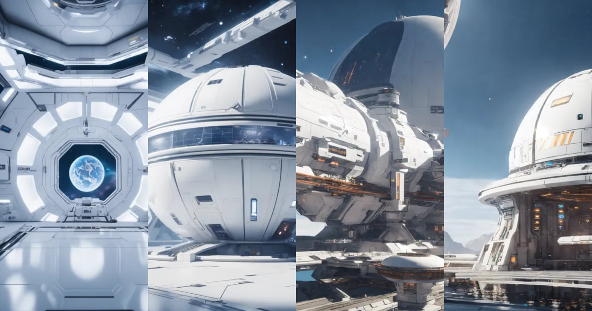 Lexica - Zoom out on a huge modern style white space station exterior ...