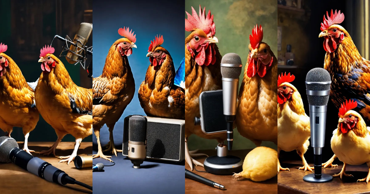 Lexica - Photorealistic picture of chickens with a microphone and ...
