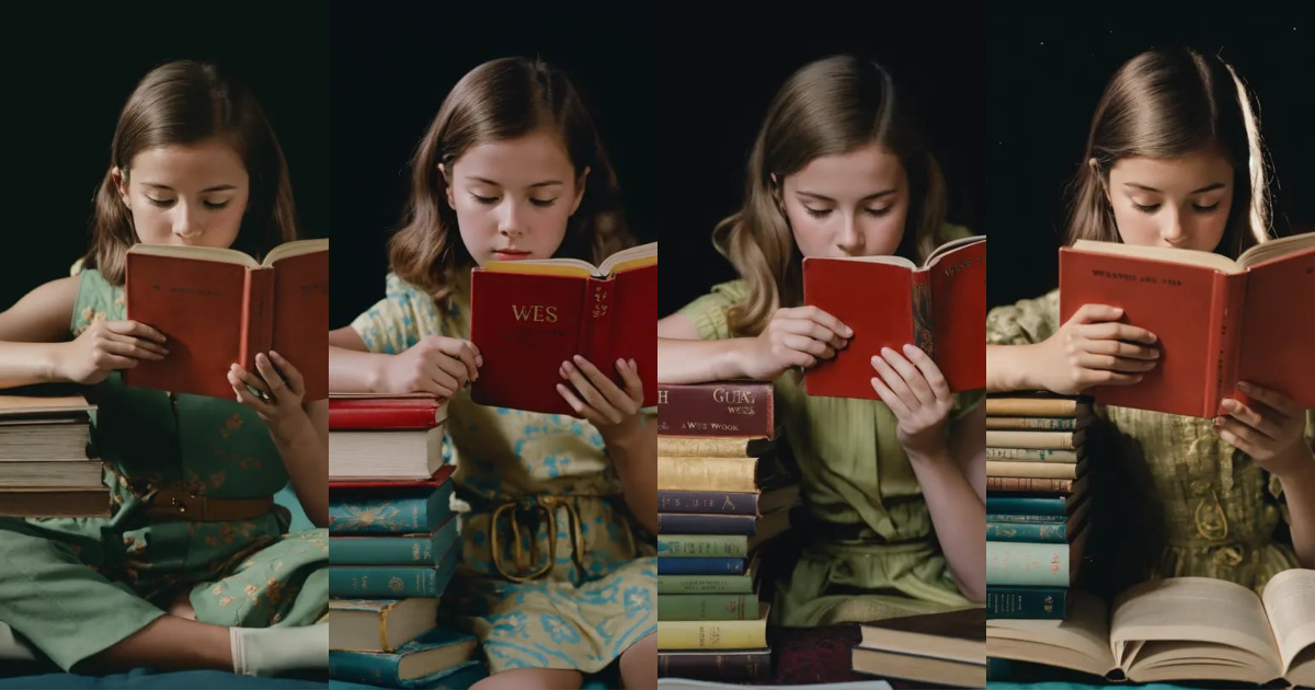 Lexica - A vintage photograph of a girl reading a book, Wes Anderson ...