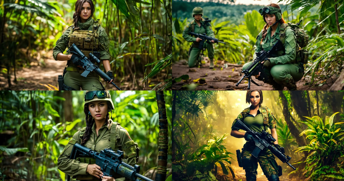 Lexica - Female commandos cosplay in jungle, perfect face, full ...