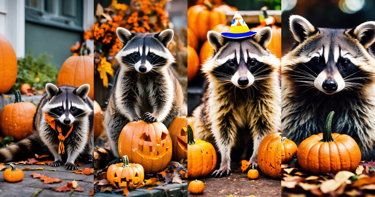 Lexica - A photograph of a raccoon with Halloween decorations and pumpkins
