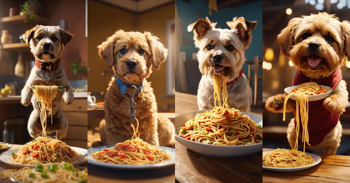 Lexica - A dog standing on 2 legs, eating spaghetti, unreal engine ...