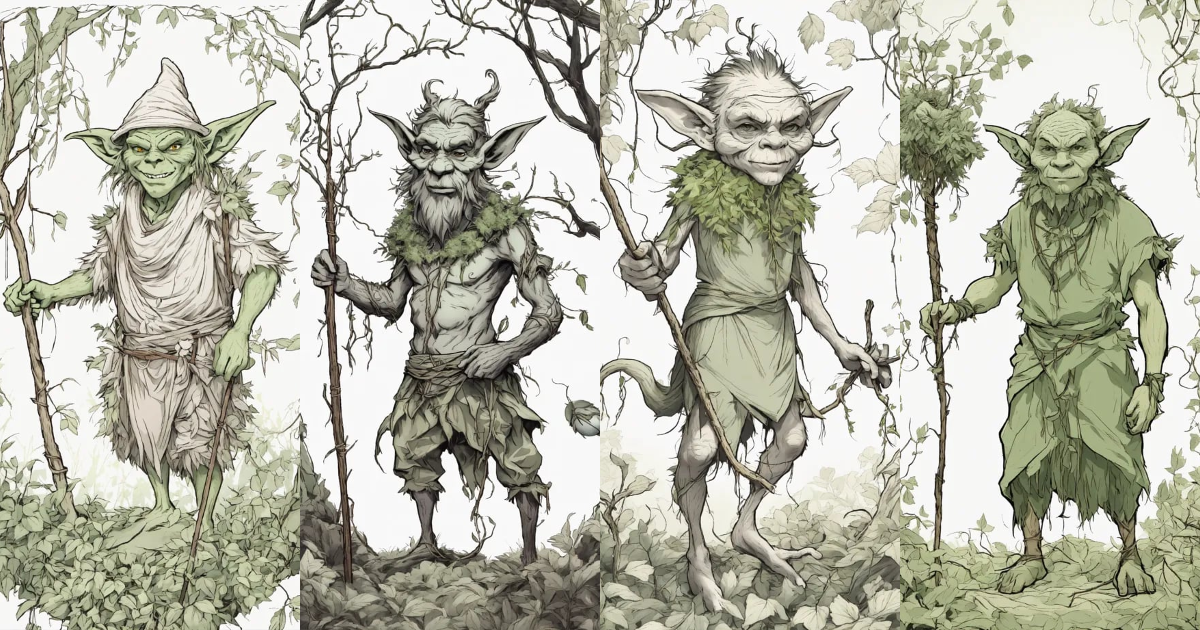 Lexica - A forest goblin standing in a tunic of tree branches and vines ...