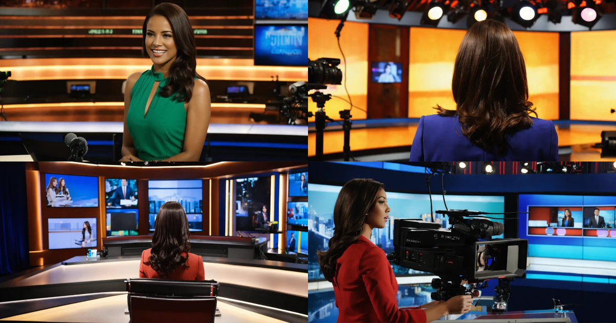 Lexica - A female anchor delivers a newscast in tv studio with lights ...