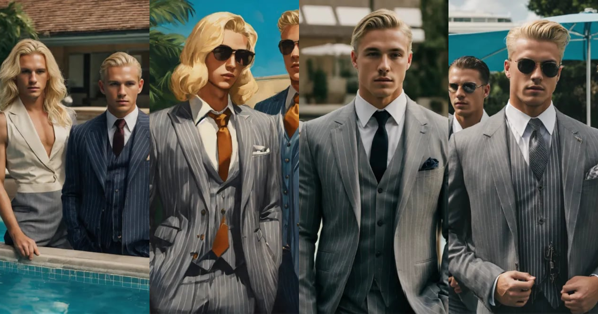 Lexica - Three blonde gangsters in grey pinstripe vested suit, standing ...