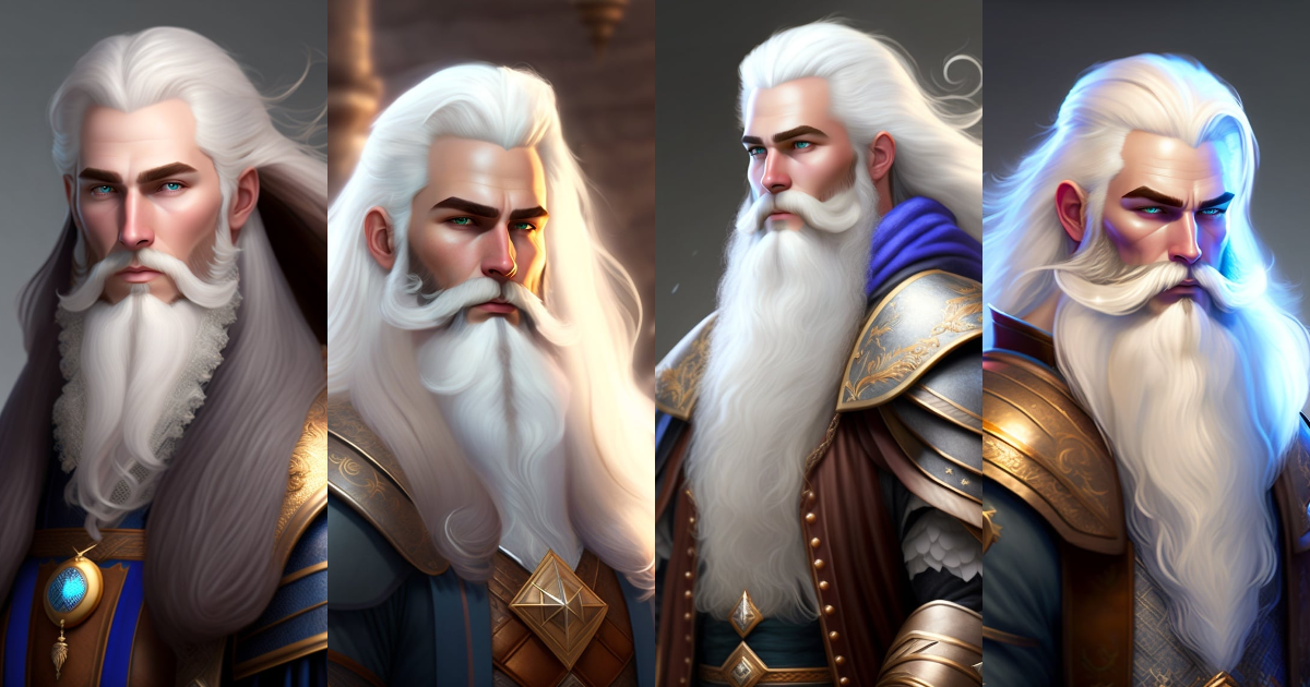 Lexica - Long flowing White hair and beard rugged, mage royal