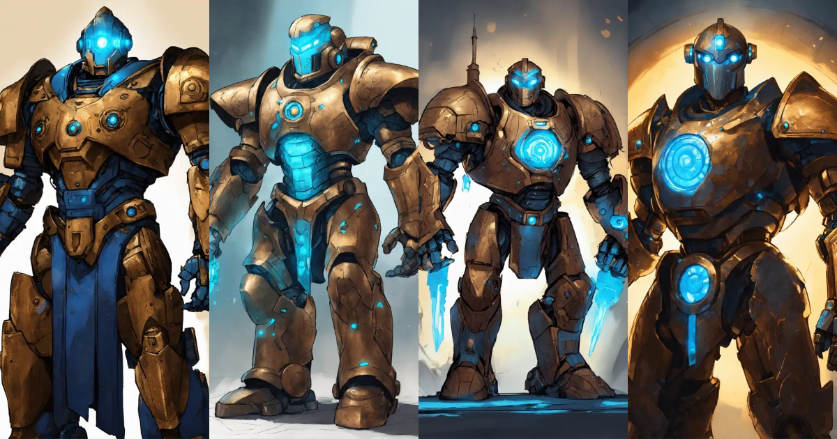 Lexica - Drawing of a large ancient bronze warforged robot hero with ...