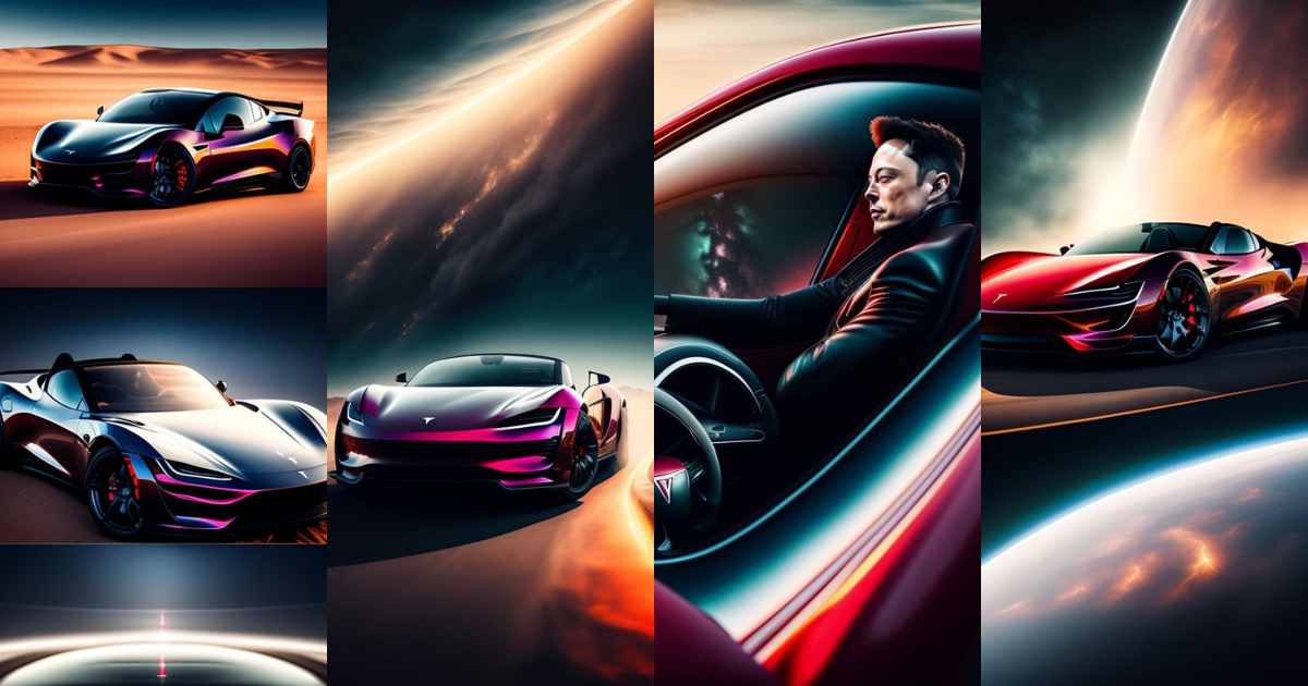 Lexica - Elon musk in a convertible tesla roadster in space strapped to ...
