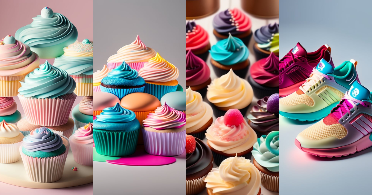 Lexica - Cupcakes mid air dynamic, color code: #FFF5E1, #FF355E, #957DAD
