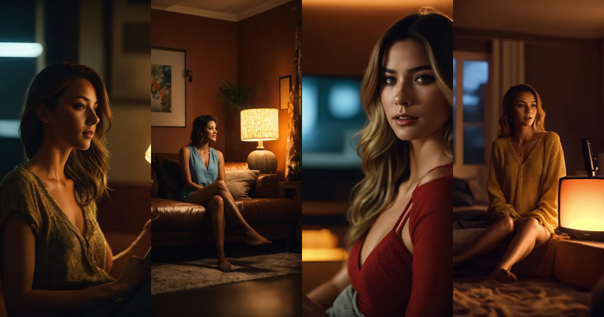 Lexica - A hot female watching tv joyful expressions, dark dim light room, interior night time ...