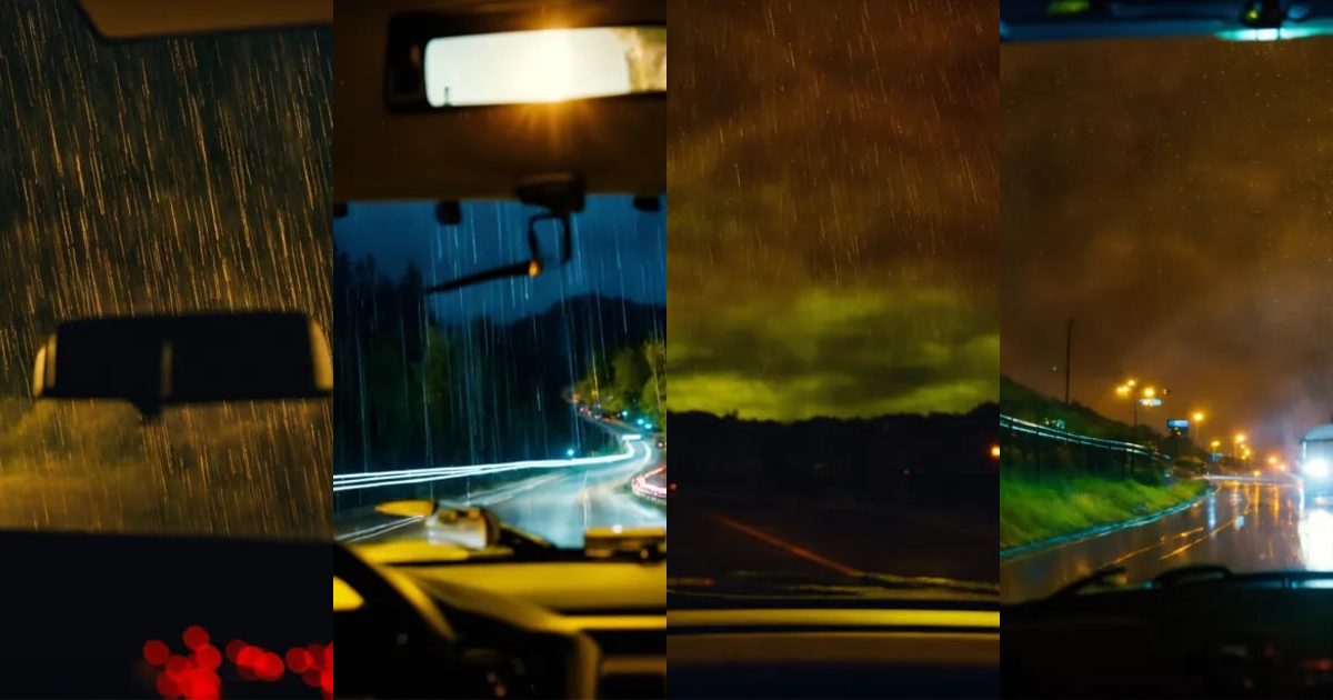Lexica - View from a car rear window with rain sliding down the glass ...