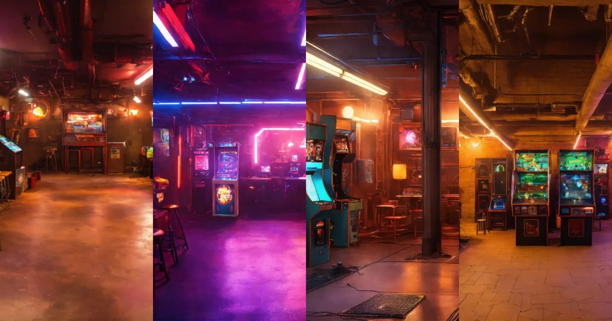 Lexica - Sci Fi tech base of operations with arcade machine, lots of ...