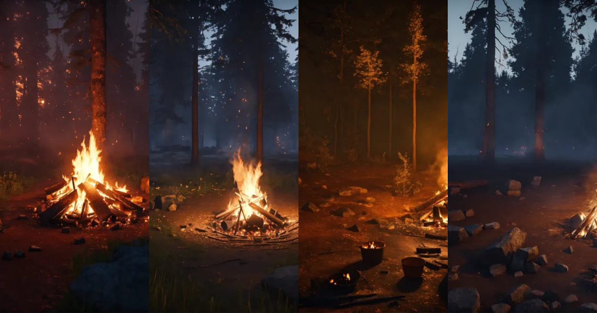 Lexica - Unreal engine, camp fire in the woods, dark, night, alone