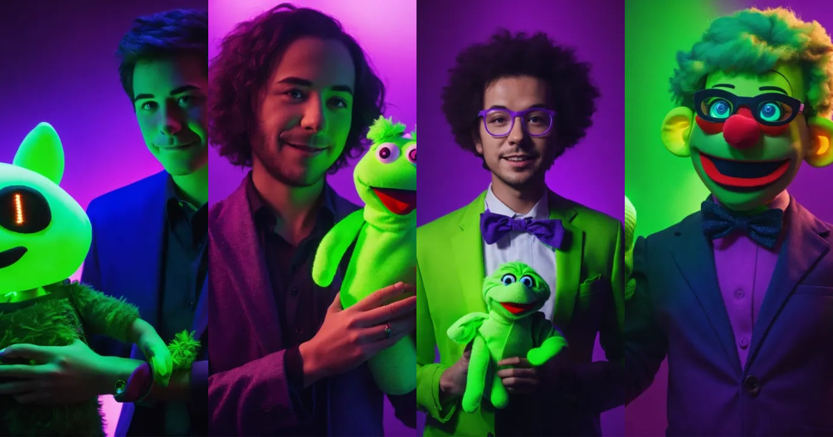 Lexica - Ventriloquist stands in front of purple background holding ...