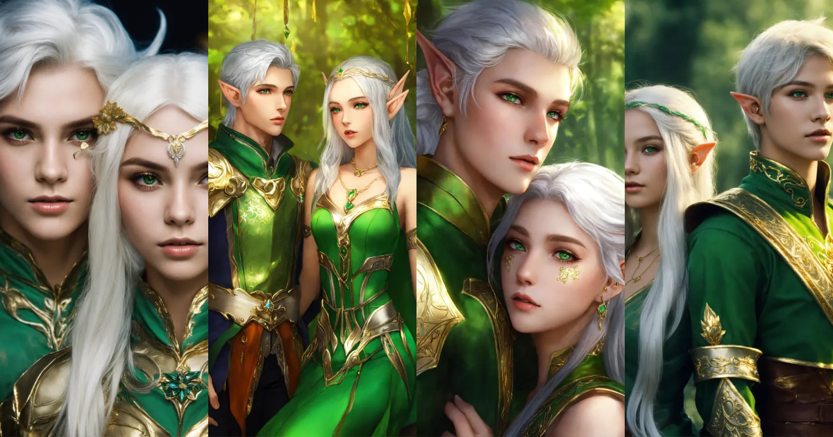 Lexica - Fantasy, boy and girl, elf, gold skin, green eyes, silver hair, 18 years old, twins,