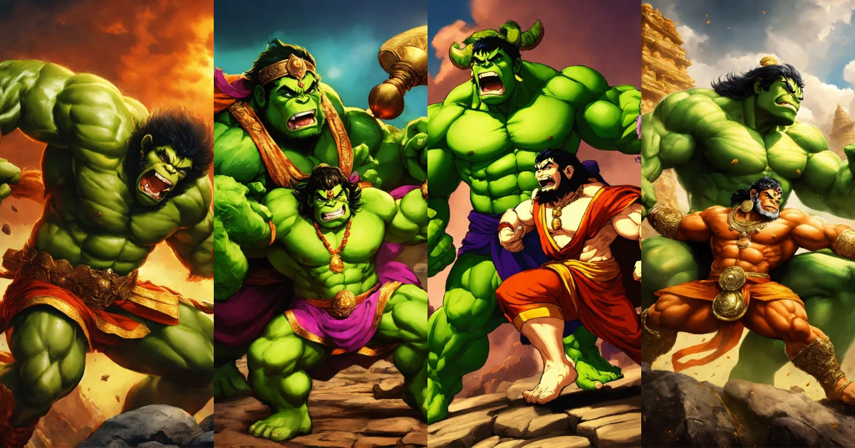 Lexica - Show Lord Hanuman fighting with Hulk and where Hulk is loosing