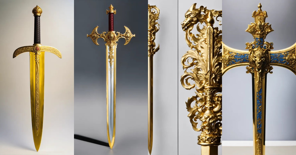 Lexica - Gold sword side view, white background, standing side view