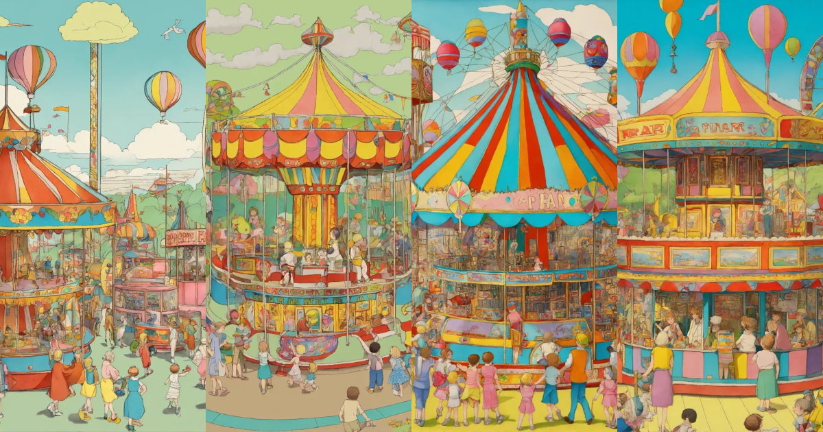 Lexica - Funfair. Drawing a funfair in the 60's with happy children and ...