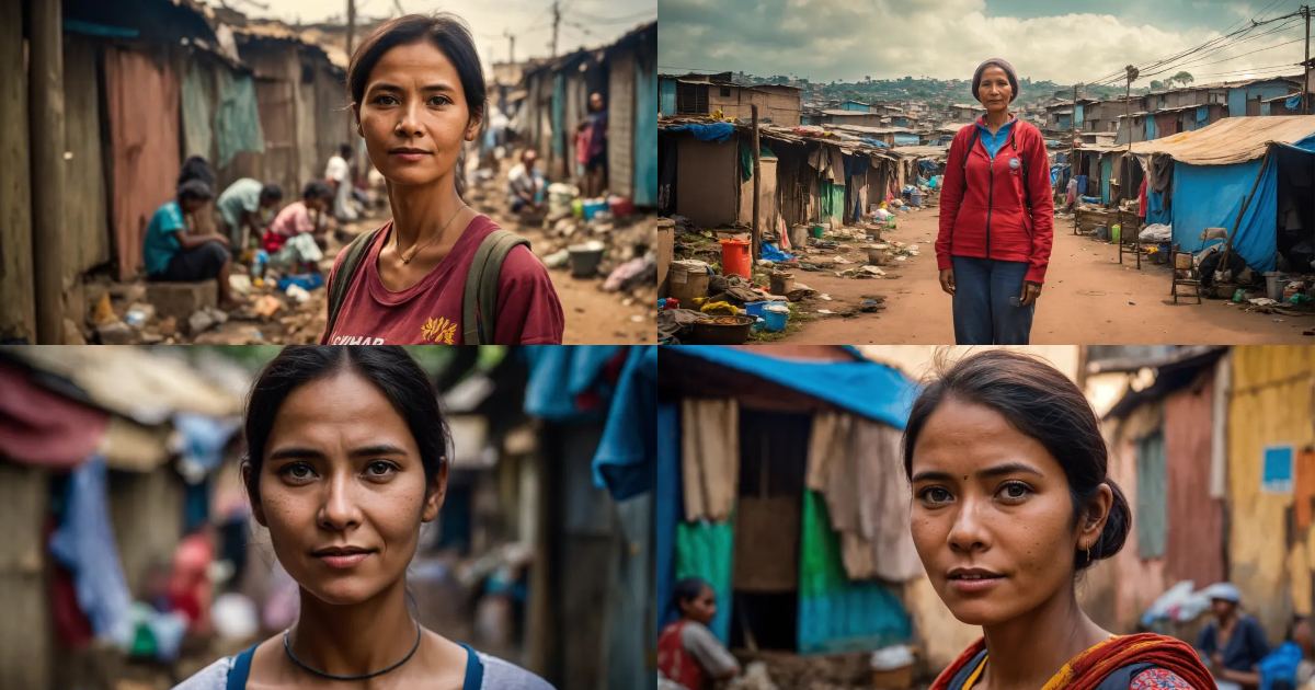 Lexica - A photo portrait of a thin charity volunteer woman in a slum ...