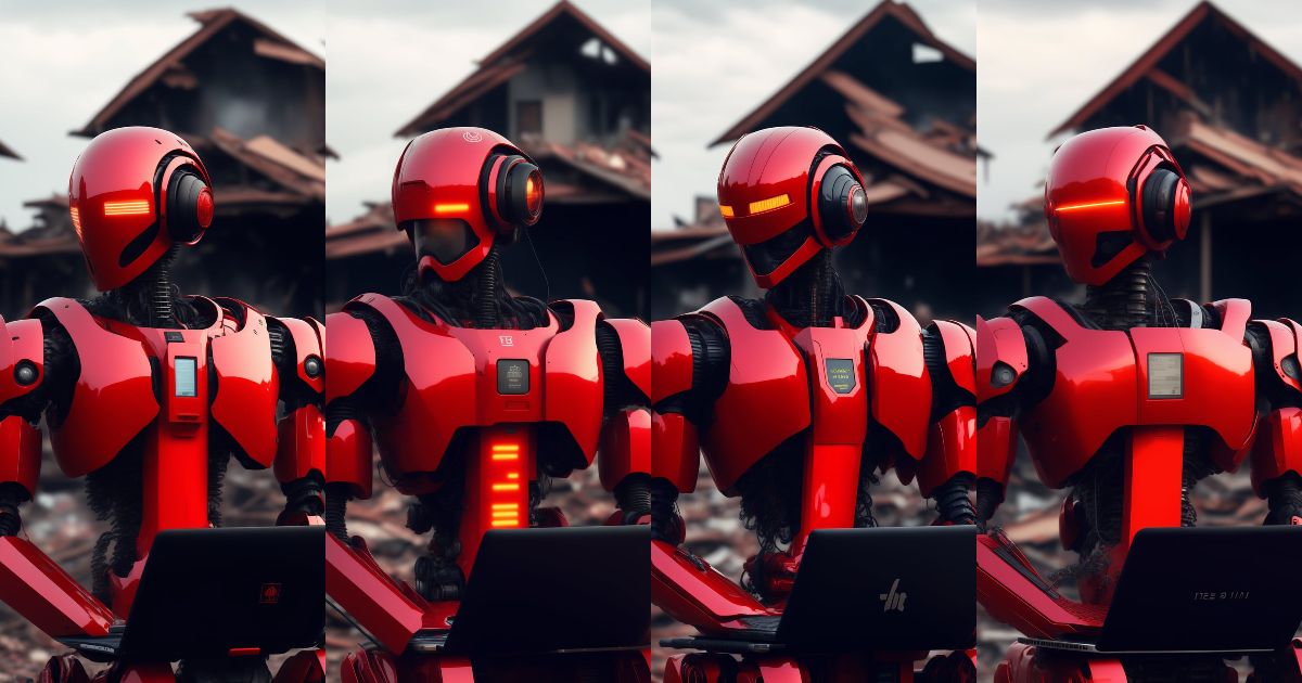 Lexica - A red cyborg machine robot helping in response to a disaster ...