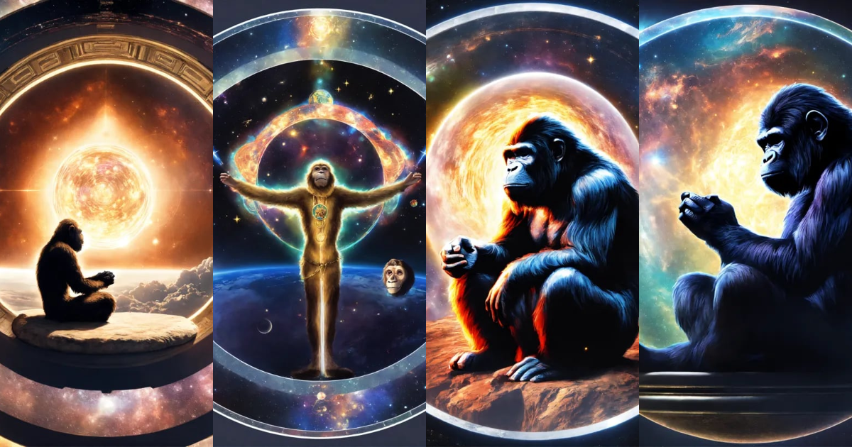 Lexica - Apes praying to a human god in space, in circle image ...
