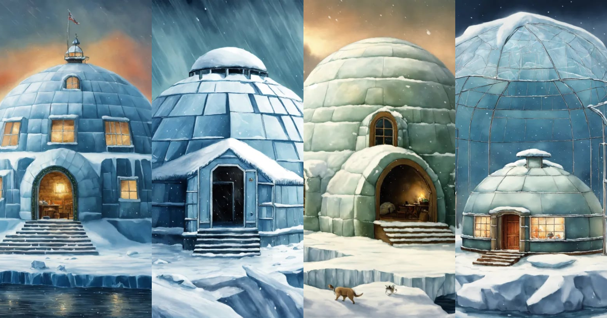 Lexica - A detailed illustration of a igloo on a floating iceberg in a snow storm from a worm's ...