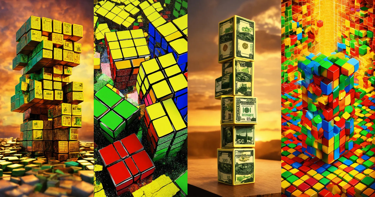 Lexica - Rubik's cubes in the shape of money that crumbles. Symbolizes ...