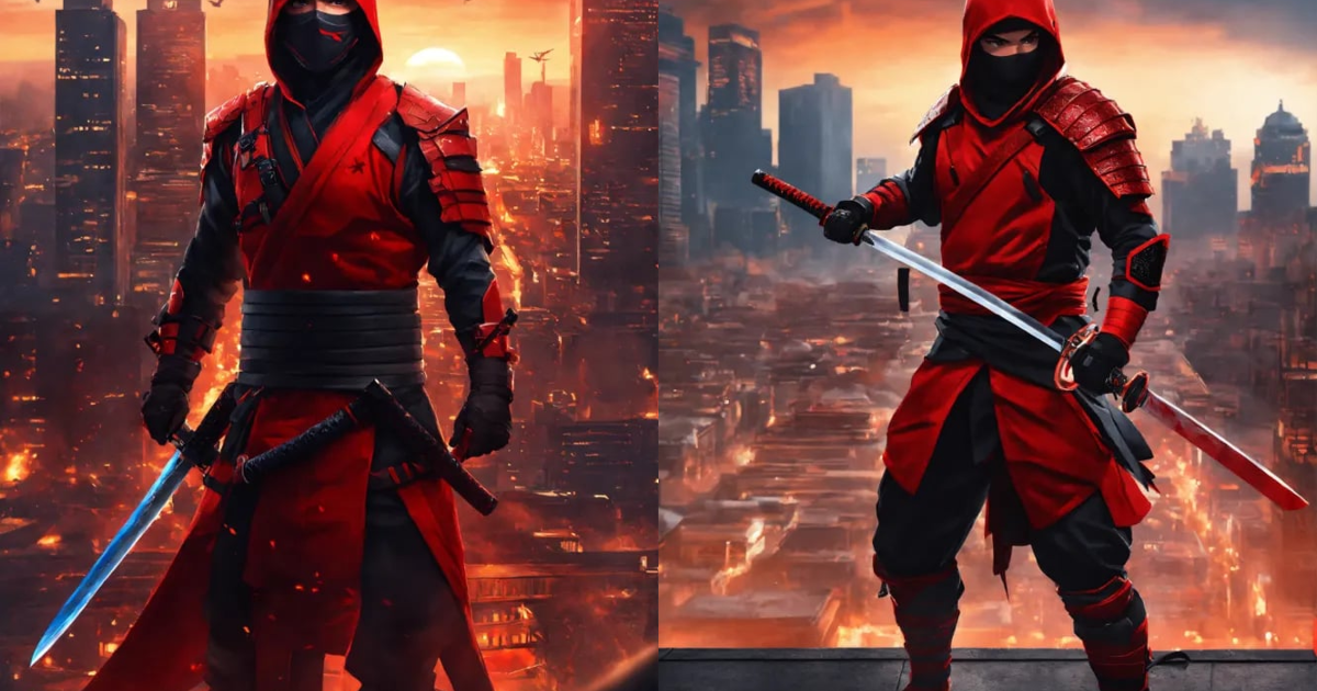 Lexica - Ninja, full length, full body, wearing red nano tech armor ...