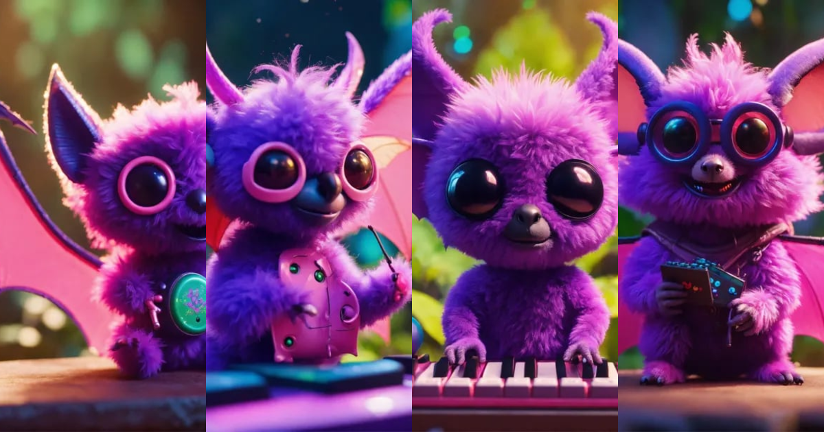 Lexica - Crazy cute fuzzy pink and purple alien fruitbat character with ...