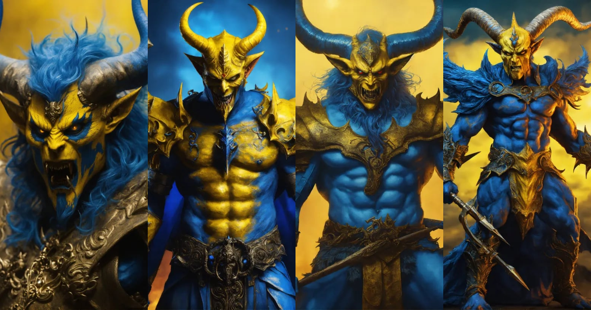 Lexica - Evil demonic yellow and blue devil, holding a trident, ominous ...