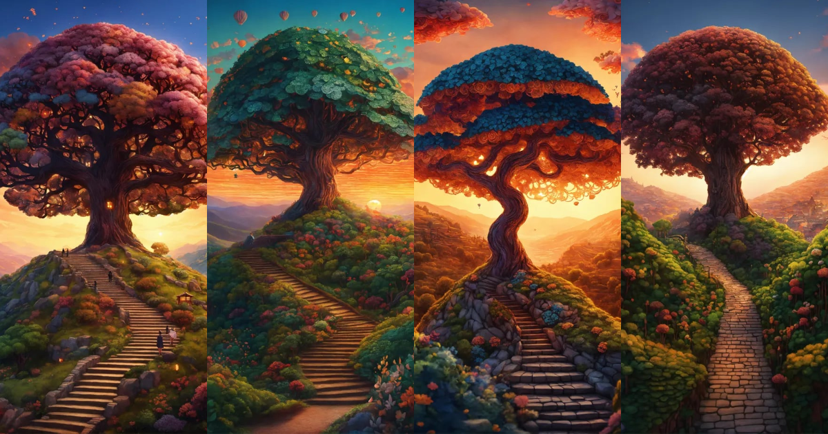 Lexica - Surreal giant tree on top of a hill, detailed, path up the ...