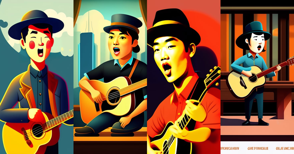 Lexica - Funny Cartoon Type a Taiwanese man wearing hat playing guitar ...